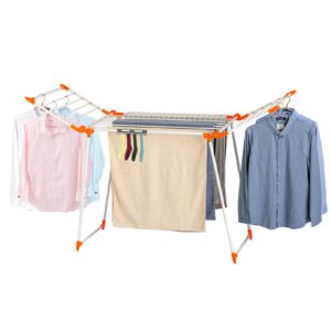 yubelles clothes drying rack, gullwing laundry rack, collapsible, space-saving laundry rack, with bonus sock clips, for clothes, towels, linens, indoor/outdoor, orange