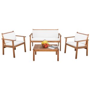 devoko patio furniture 4 piece acacia wood outdoor conversation sofa set with table & cushions porch chairs for garden, deck, backyard, beige