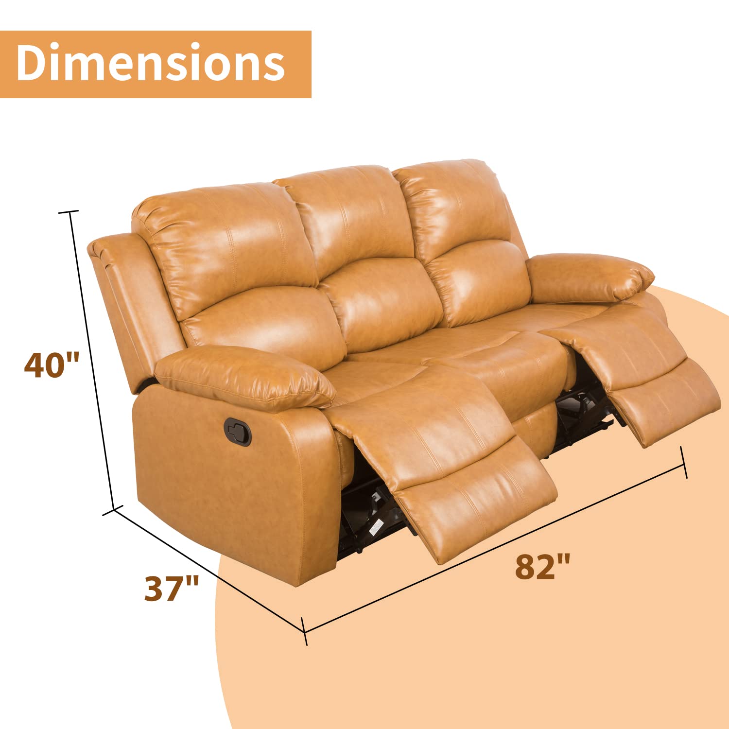 SIENWIEY Ginger Leather Reclining Sofa for Living Room Furniture, 3 Seater Sofa Double Recliner Couch with Drop Down Table/Two Cup Holders/Faux Leather