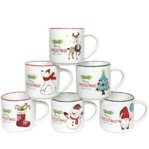 qiksion christmas mugs set of 6, 14oz cute ceramic coffee mugs, stackable christmas coffee mugs as christmas gifts for family, friends and colleagues