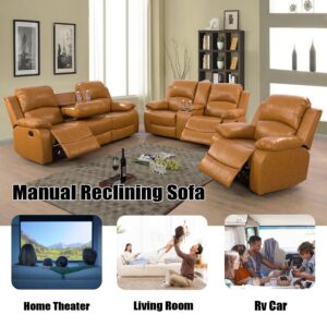 SIENWIEY Ginger Leather Reclining Sofa for Living Room Furniture, 3 Seater Sofa Double Recliner Couch with Drop Down Table/Two Cup Holders/Faux Leather