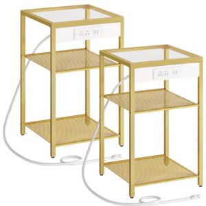 hoobro end tables set of 2 with charging station, side tables with usb ports & power outlets, 3-tier slim nightstands with storage shelves, tempered glass, for living room, bedroom, gold gd77ubzp201