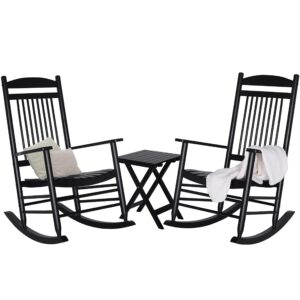 veikou rocking chair, set of 3 outdoor rocking chair with side table,275lbs weight capacity,wooden rocking chair for porch, backyard, indoor, black