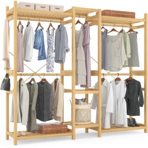 homykic bamboo closet system clothes rack, large freestanding garment rack clothing rack for hanging clothes with 7 storage shelves and 5 rods, open wardrobe organizer with 4 hooks, natural