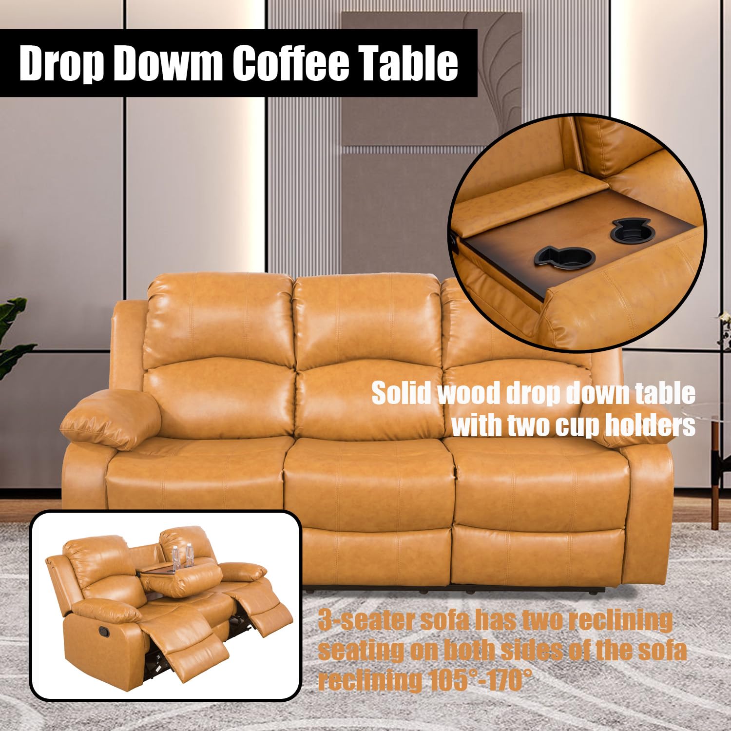 SIENWIEY Ginger Leather Reclining Sofa for Living Room Furniture, 3 Seater Sofa Double Recliner Couch with Drop Down Table/Two Cup Holders/Faux Leather