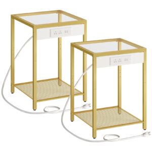 hoobro side table with charging station, set of 2 end tables with usb ports, nightstand for tight spaces, tempered glass, modern metal frame, for office, bedroom, living room, gold gd76ubzp201