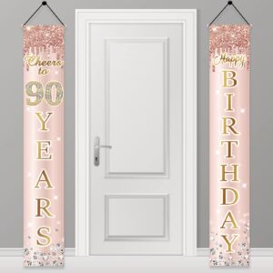 90th birthday decorations door banner for women, pink rose gold cheers to 90 years birthday backdrop sign party supplies, happy ninety birthday porch decor for indoor outdoor