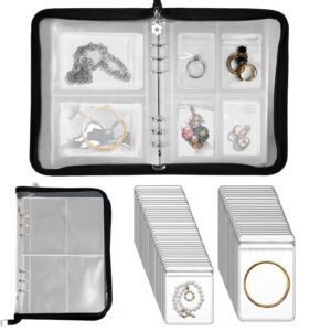 travel jewelry organizer transparent jewelry storage book set with anti-oxidation pocket traveling necklace earring organizer for ring, bracelets, postcard (120 grids +75 thicken pvc zipper bags)