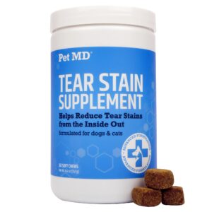 pet md tear stain remover for dogs & cats - antioxidant eye care supplement with lutein, cranberry, & omega 3 & 6 - cat & dog tear stain remover chews for white & light fur - 60 ct