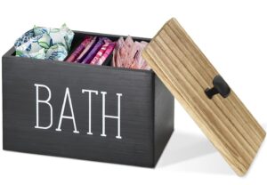 rustic tampon storage container for bathroom, decorative bathroom countertop organizer storage box tampons organizer holder, wood 3 compartments cotton swab ball qtip container with lid