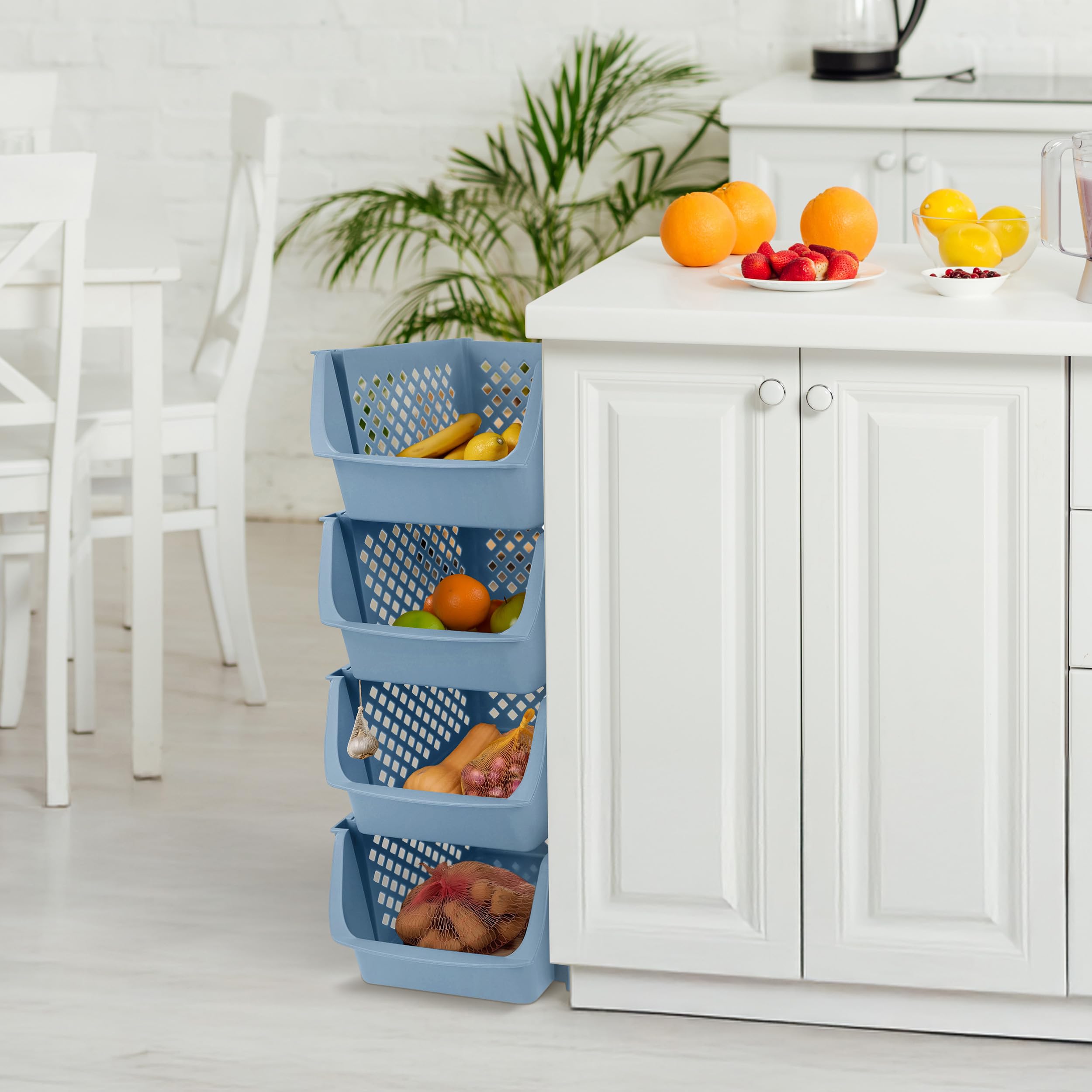 Spec101 Plastic Stackable Storage Bins - 4pc Blue Closet Organizer Bins 28in Tall Big Plastic Boxes for Home and Kitchen