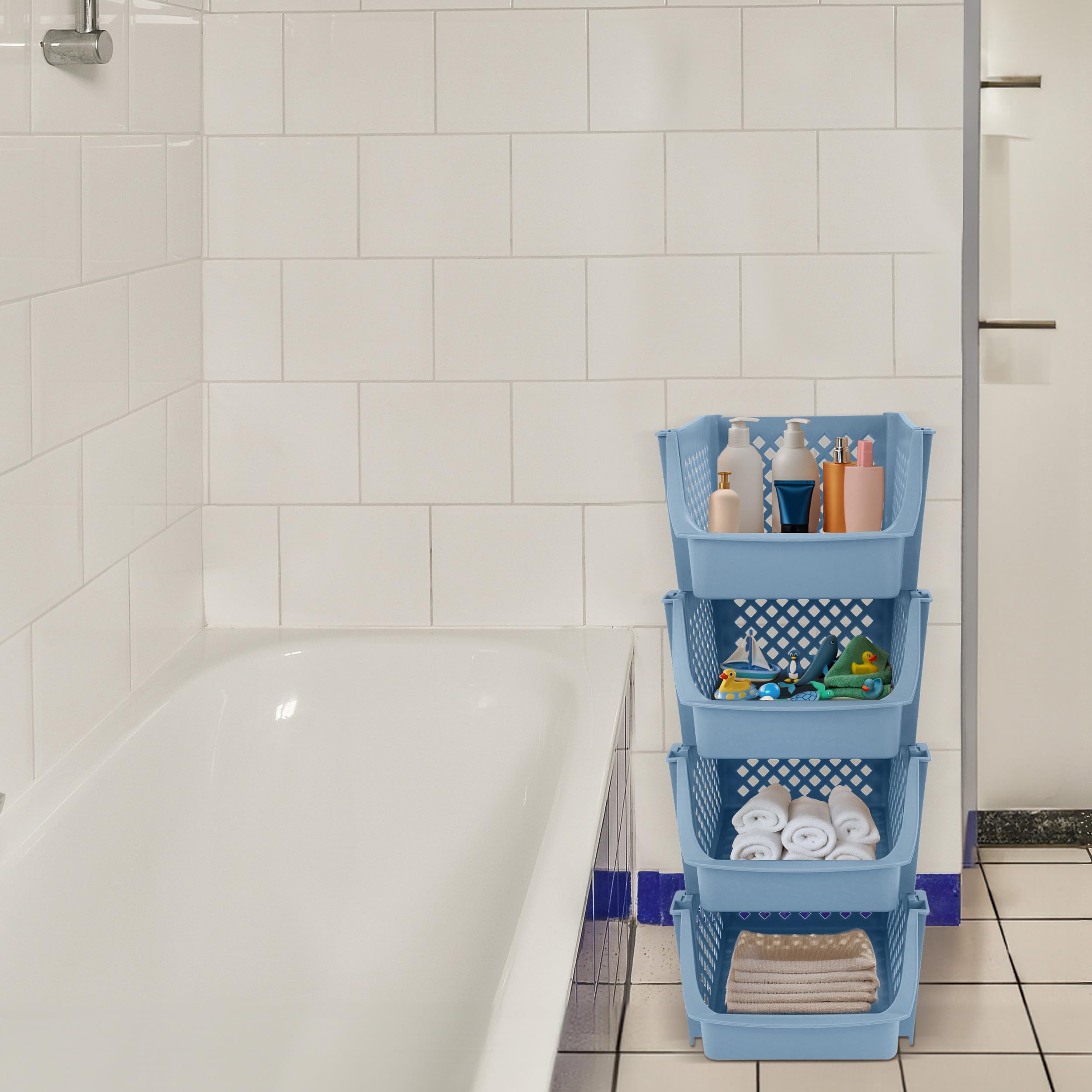 Spec101 Plastic Stackable Storage Bins - 4pc Blue Closet Organizer Bins 28in Tall Big Plastic Boxes for Home and Kitchen