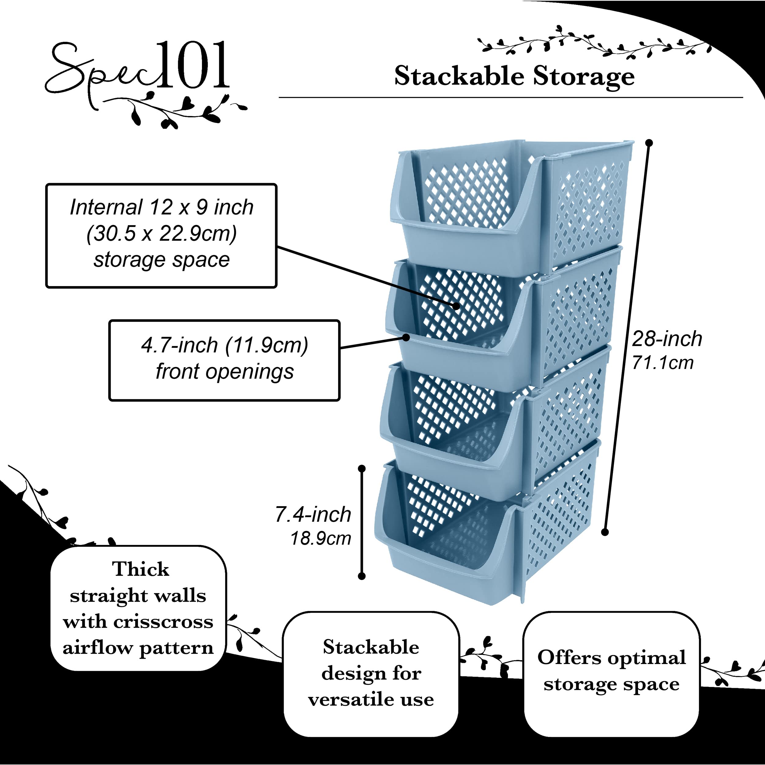 Spec101 Plastic Stackable Storage Bins - 4pc Blue Closet Organizer Bins 28in Tall Big Plastic Boxes for Home and Kitchen