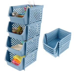 spec101 plastic stackable storage bins - 4pc blue closet organizer bins 28in tall big plastic boxes for home and kitchen