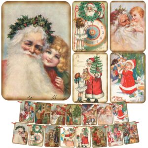 wonever 15 pcs vintage christmas banner, traditional style christmas bunting, vintage santa christmas decorations indoor for home offic party fireplace mantle farmhouse decor