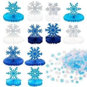 frozen winter wonderland party decorations - 12pcs blue white snowflake honeycomb table centerpieces and 600pcs snowflake confetti for christmas holiday winter birthday baby shower party supplies