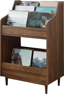 crosley furniture liam vinyl record storage stand, tiered storage shelves for records, walnut