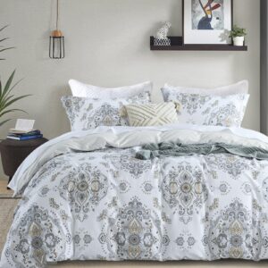 duoming cotton king duvet cover - 100% cotton soft 3 piece duvet cover king size, floral patterned duvet cover set, duvet cover king with zipper closure & 8 ties…