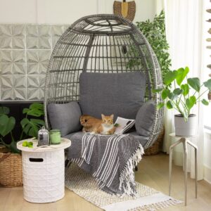 barton oversized egg style wicker chair canopy stationary & seat cushions patio lounge basket, grey