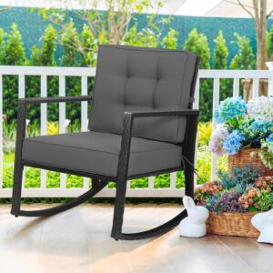 relax4life wicker outdoor rocking chair - all weather rattan rocker patio chair w/steel frame removable cushions & armrest, rocker chair outdoor furniture for backyard porch poolside (1, grey)