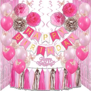 goexquis hot pink rose gold birthday decorations for women girls butterfly decor cake topper hanging swirls foil curtain tassel garlands paper pom poms happy birthday banner balloons