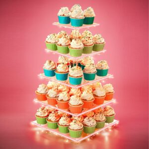 utopia home - acrylic cupcake stand with led light strings - 3 tier premium cupcake tower - cup cake tier stand for dessert table - ideal for weddings birthday parties - pack of 1 - red