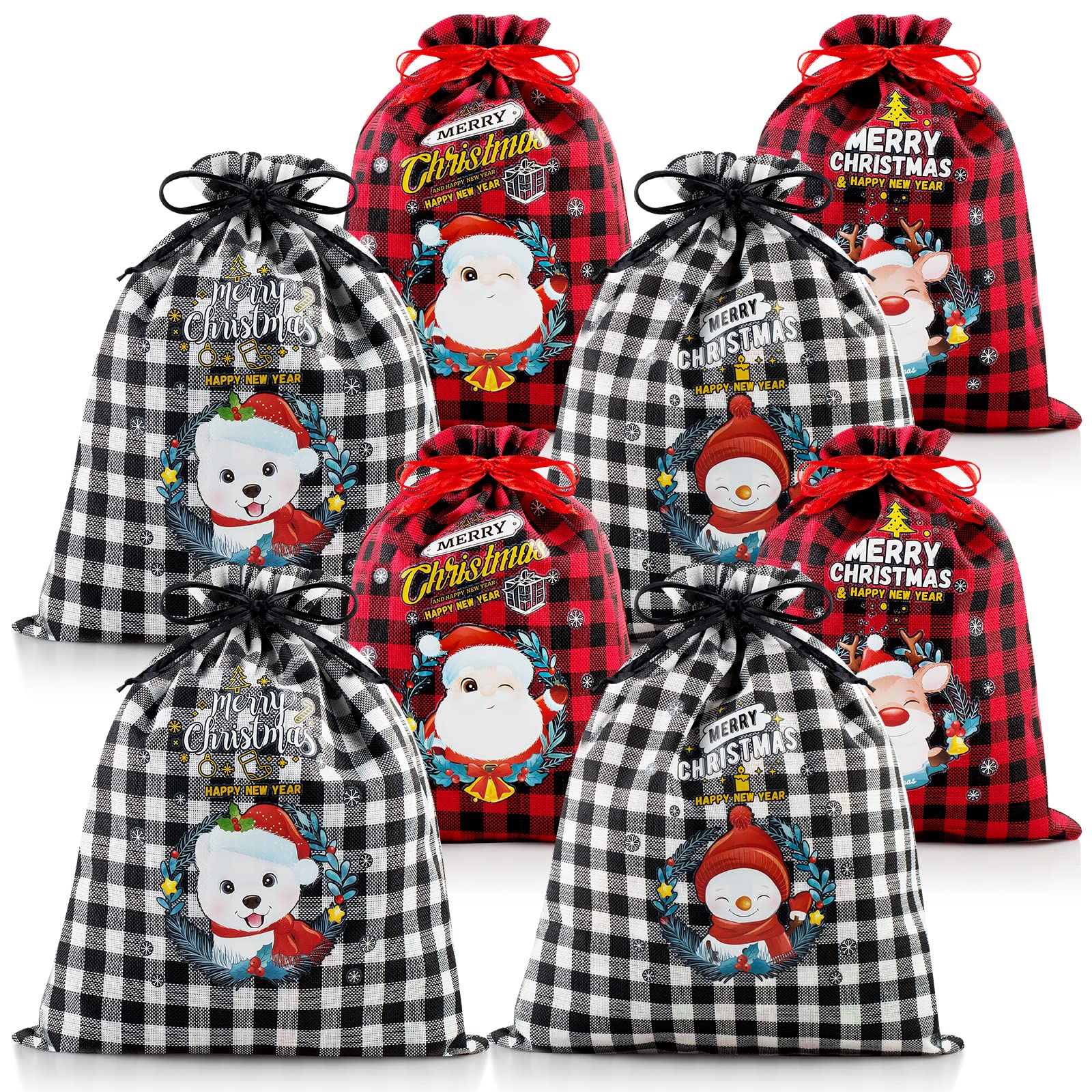 8 Pack Assorted Sizes Gift Bags buffalo plaid and Christmas patterns gifts Bags with Drawstrings Xmas Plaid Burlap Bags Wrapping Bags Drawstring Storage Bags with Drawstring