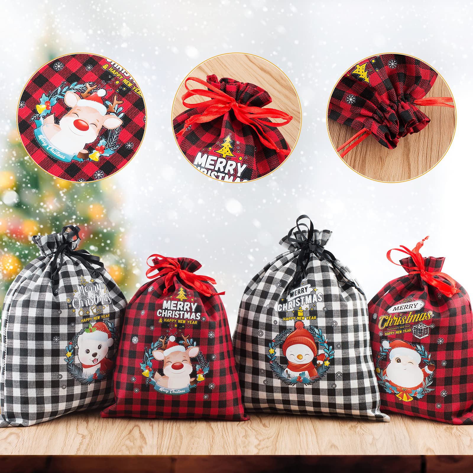 8 Pack Assorted Sizes Gift Bags buffalo plaid and Christmas patterns gifts Bags with Drawstrings Xmas Plaid Burlap Bags Wrapping Bags Drawstring Storage Bags with Drawstring