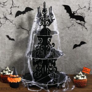 halloween cupcake stand 3-tier halloween gothic cardboard cupcake holder haunted skull candelabra cupcake tower decor with 20g spider web stretchable cobweb for halloween party supplies decoration