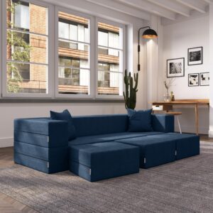 jaxx zipline convertible sleeper sofa & three ottomans/california king-size bed, textured microvelvet - indigo