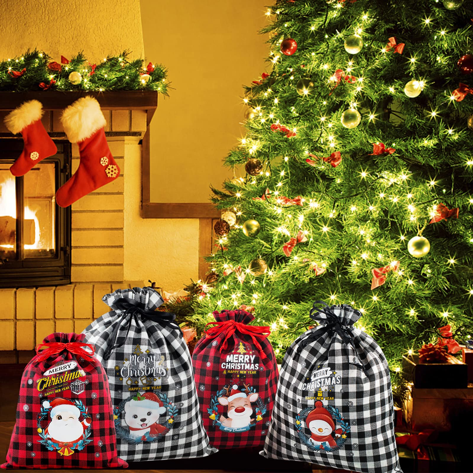 8 Pack Assorted Sizes Gift Bags buffalo plaid and Christmas patterns gifts Bags with Drawstrings Xmas Plaid Burlap Bags Wrapping Bags Drawstring Storage Bags with Drawstring