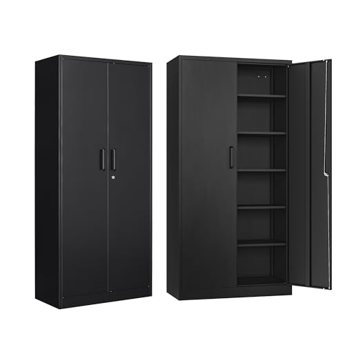 SISESOL Metal Storage Cabinet with 2 Doors and 6 Shelves,Black Metal Cabinet with Lock,71" Lockable Garage Storage Cabinet,Locking Storage Cabinet,Steel Cabinet for Home,Office,Garage,Shop,School