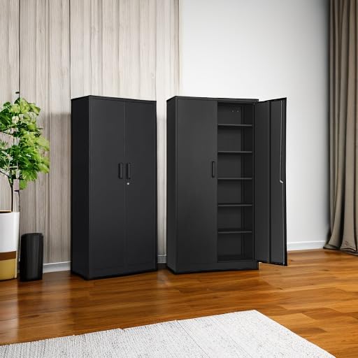 SISESOL Metal Storage Cabinet with 2 Doors and 6 Shelves,Black Metal Cabinet with Lock,71" Lockable Garage Storage Cabinet,Locking Storage Cabinet,Steel Cabinet for Home,Office,Garage,Shop,School