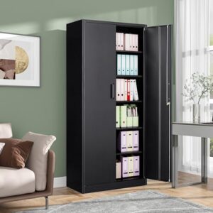 SISESOL Metal Storage Cabinet with 2 Doors and 6 Shelves,Black Metal Cabinet with Lock,71" Lockable Garage Storage Cabinet,Locking Storage Cabinet,Steel Cabinet for Home,Office,Garage,Shop,School