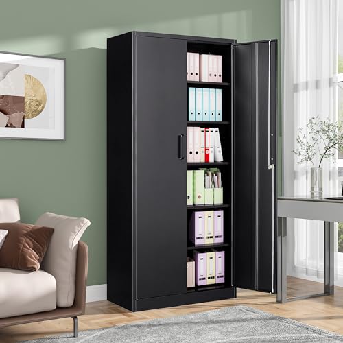 SISESOL Metal Storage Cabinet with 2 Doors and 6 Shelves,Black Metal Cabinet with Lock,71" Lockable Garage Storage Cabinet,Locking Storage Cabinet,Steel Cabinet for Home,Office,Garage,Shop,School