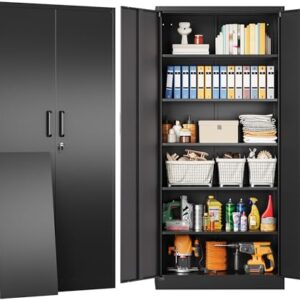 SISESOL Metal Storage Cabinet with 2 Doors and 6 Shelves,Black Metal Cabinet with Lock,71" Lockable Garage Storage Cabinet,Locking Storage Cabinet,Steel Cabinet for Home,Office,Garage,Shop,School