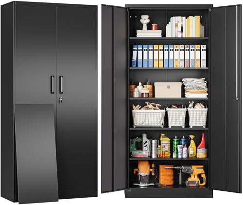 SISESOL Metal Storage Cabinet with 2 Doors and 6 Shelves,Black Metal Cabinet with Lock,71" Lockable Garage Storage Cabinet,Locking Storage Cabinet,Steel Cabinet for Home,Office,Garage,Shop,School