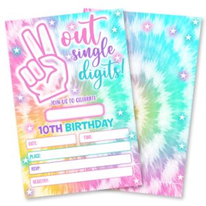 grace yonks greeting card, tie dye birthday party invitation, peace out single digits, 20 invitations and envelopes