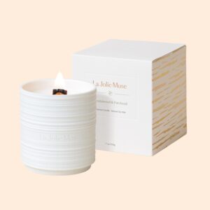 la jolie muse sandalwood & patchouli candle, wood wicked candles, candles for home scented, natural soy candles, clean burn candle, 50 hours