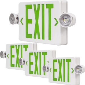 green led exit sign emergency light combination adjustable two heads and battery backup, us standard commercial emergency exit lighting, fire resistant ul 924 ac 120/277v (4-pack)