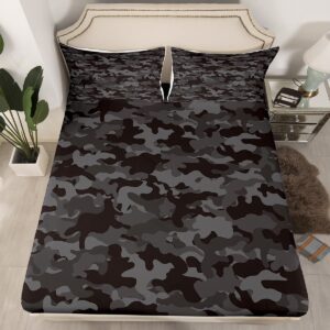 army camo bedding set, black camouflage bed sheets for kids boys teens adult men, military camo fitted sheet black grey lightweight fitted bed sheets, 1 fitted sheet + 2 pillow cases, queen size…