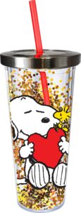 spoontiques - glitter filled acrylic tumbler - glitter cup with straw - 20 oz - stainless steel locking lid with straw - double wall insulated - bpa free - snoopy drinking cup