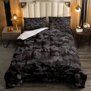 army camo comforter set, black camouflage quilted duvet for kids boys teens adult men, military camo bedding set black grey lightweight down comforter, 1 comforter + 2 pillow cases, queen size