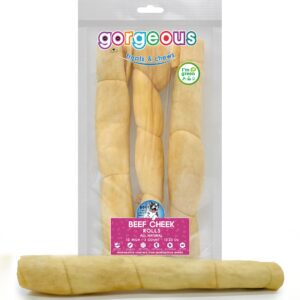 gorgeous treats and chews beef cheek rolls | (12 inch, (3 count)) | long lasting | high in protein | good for dental health | 100% digestible | all natural dog chew