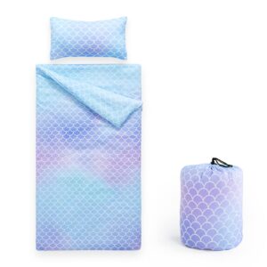 wake in cloud - sleeping bag zippered, nap mat with matching pillow for kids boys girls sleepover overnight travel slumber bag, mermaids scales in gradient purple blue, 100% soft microfiber