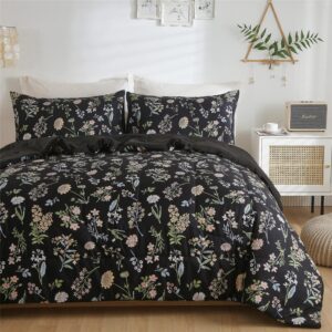 floral comforter set queen size, yellow green botanical flower leaves printed comforter for kids teen women, 3 piece soft microfiber bedding set with 2 pillow cases for all season(black,queen)