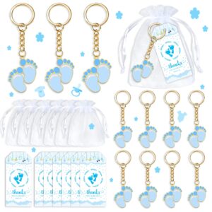 buywumore 12 sets baby shower favors for boy blue footprint keychain gifts with white organza bags and thank you tags for oh baby it's a boy baby shower party decorations supplies(boy)