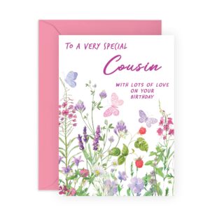 central 23 sweet birthday card for her - 'to a very special cousin' - floral greeting card for female - flowers & butterfly - cousin birthday card - comes with stickers