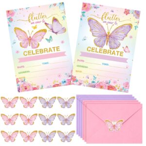 24 pcs birthday butterfly invitations butterfly birthday party invitations with envelopes floral butterfly invitation cards stickers for butterfly party birthday baby shower wedding decor (purple)