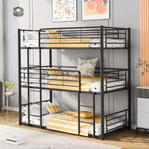 majnesvon metal twin size triple bunk bed, twin-over-twin-over-twin triple bed frame can be split into 3 bed with built-in ladder and guardrails for teens, boys, girls (black)